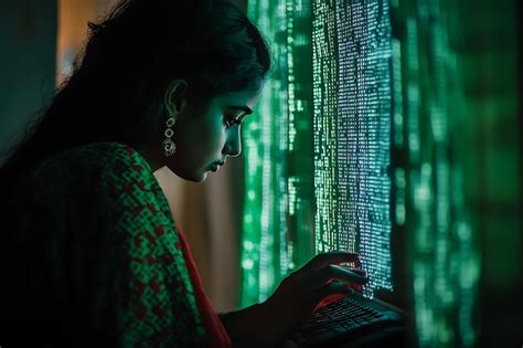 Woman Coding In A Dark Room Illuminated By The Green Glow Of Her Screen