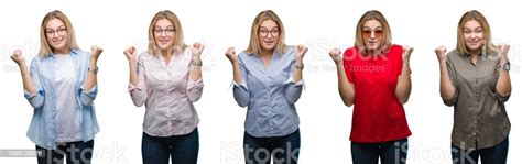 축 하 하는 흰색 절연된 Backgroud 이상 젊은 아름 다운 금발의 여 자가의 콜라주 놀라게 무기 제기와 성공을 위한 깜짝 놀라게 고 눈을 엽니다 우승자 개념입니다