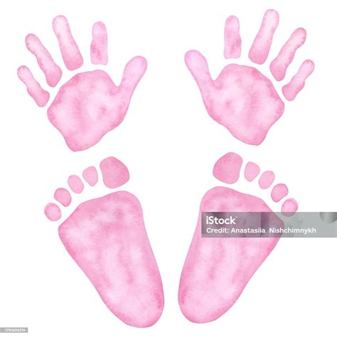 작은 분홍색 손바닥 손자국 발자국 베이비 샤워 성별 공개 파티 디자인 초대장 소년 또는 소녀 손으로 그린 수채화 그림 고립 된
