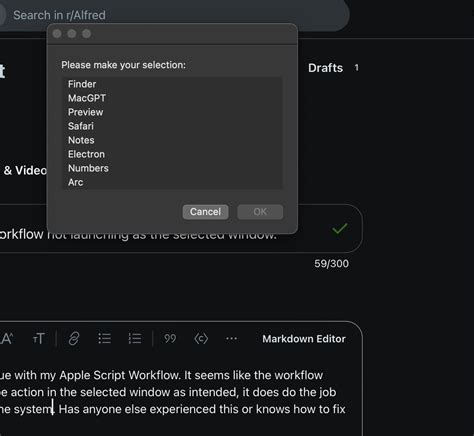 apple script workflow not launching as the selected window r alfred
