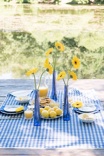 두 낭만적 인 피크닉 블루 골드 칼 세라믹 플레이트 체크 무늬 식탁보 와플 디저트 오렌지 주스와 과일 커피 한 잔의 고급 테이블 세팅 꽃병에 노란색 메리 골드 꽃 0명에