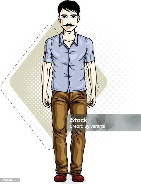 Brunet 잘생긴 젊은 남자와 육각형 현대 배경에 포즈 수염을 가진 남자의 그림을 벡터 소식통 라이프 스타일 테마 클립 아트입니다 갈색 머리에 대한 스톡 벡터 아트 및