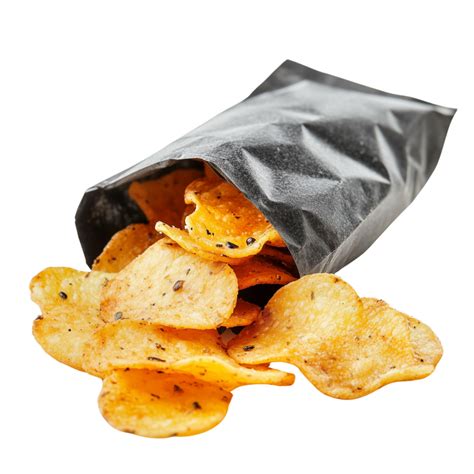 Spicy Chips Bag With Open Top And Chips Spilling Isolated On