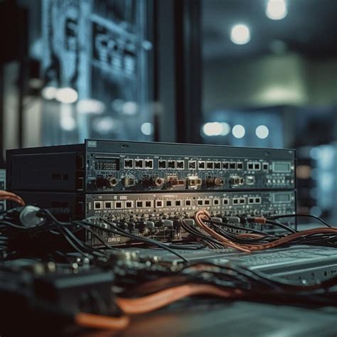 Network Switch With Multiple Cables In Blurred Office Setting At Night Stock Illustration