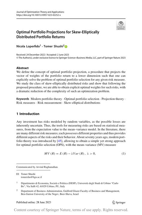 Optimal Portfolio Projections For Skew Elliptically Distributed Portfolio Returns Request Pdf