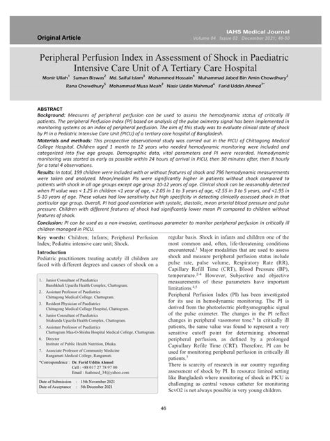 Pdf Peripheral Perfusion Index In Assessment Of Shock In Paediatric