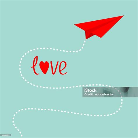 빨간 종이 접기 종이 비행기 하늘에 줄을 대 쉬 사랑 카드입니다 해피 발렌타인 데이 하루 평면 디자인입니다 파란색 배경입니다