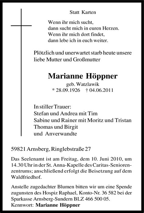 Traueranzeigen Von Marianne Höppner Trauer In Nrwde