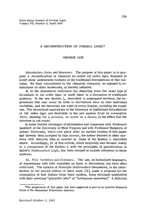 A Reconstruction Of Formal Logic George Goe Summaries Logic Docsity