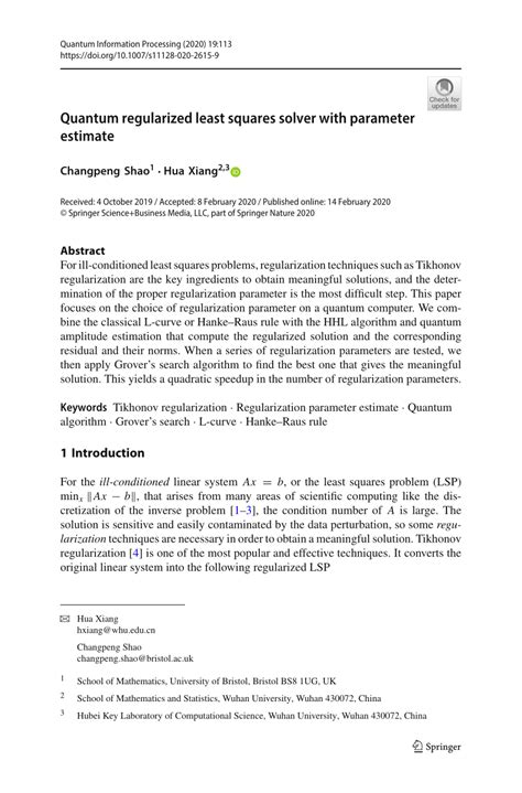 Pdf Quantum Regularized Least Squares Solver With Parameter Estimate