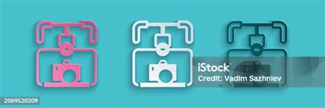 파란색 배경에 분리된 Dslr 카메라 아이콘이 있는 종이 절단 짐벌 안정기 페이퍼 아트 스타일입니다 벡터 3차원 형태에 대한 스톡 벡터 아트 및 기타 이미지 Istock