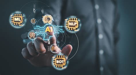 기술 인공 지능 챗봇 개념 자연어 처리 및 기계 학습 알고리즘을 사용하는 Ai 개념의 비즈니스 맨 터치 스크린 미래형 이미지