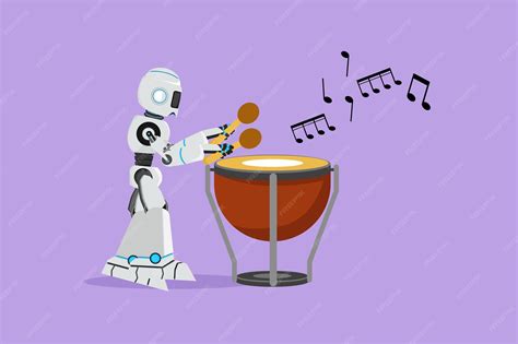 평면 만화 스타일 그리기 활성 로봇 타악기 플레이어 스틱을 들고 팀파니를 연주 로봇 인공 지능 전자 기술 산업 그래픽 디자인 문자 벡터 일러스트 레이 션 프리미엄 벡터