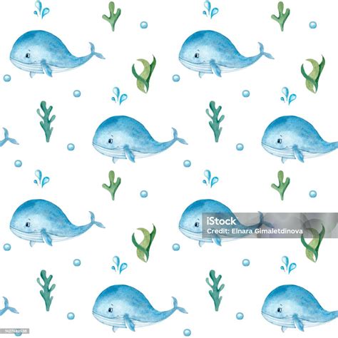 귀여운 만화 아이 고래와 수채화 이음새가 없는 패턴 어린이 예술 카드 초대장 직물 및 배경 화면에 적합합니다 0명에 대한 스톡 벡터 아트 및 기타 이미지 Istock