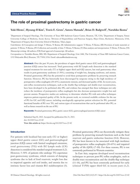 Pdf The Role Of Proximal Gastrectomy In Gastric Cancer