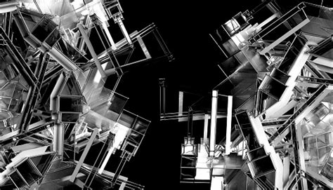 3d 렌더링 흑백 흑백 일반 미술 3d 배경과 초현실적 인 산업 공장 프레임의 일부는 검은 뒷면에 알루미늄 금속 재료의 프랙탈 삼각형과 피라미드 모양을 기반으로 건설 건설