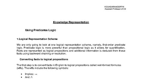 Cs Knowledge Representation Predicate Logic And Resolution Techniques