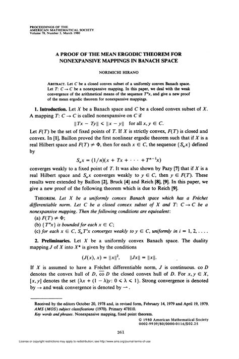 Pdf A Proof Of The Mean Ergodic Theorem For Nonexpansive Mappings In Banach Space