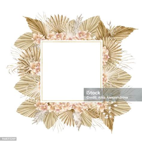 กรอบรูปดอกไม้พร้อมใบปาล์มแห้งและดอกกล้วยไม้สไตล์โบโฮ เส้นขอบเขตร้อนสี่เหลี่ยมสีน้ํา แม ภาพประกอบ