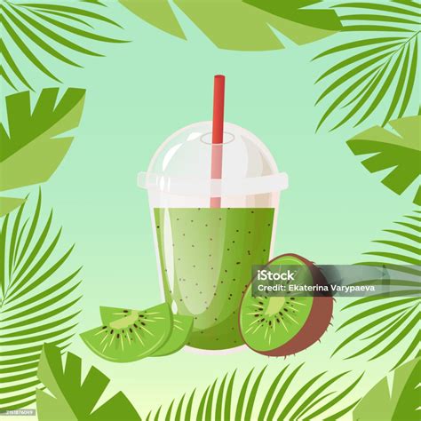 구형 돔 캡과 칵테일 튜브가 있는 플라스틱 컵에 담긴 키위 주스 또는 칵테일 갓 짜낸 주스 건강한 유기농 식품 그라데이션 배경과