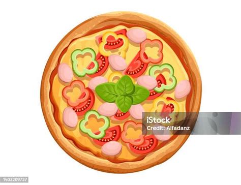 고기 고추 토마토와 치즈를 곁들인 맛있는 피자 흰색 배경에 고립 된 이탈리아 패스트 푸드 식사 벡터 일러스트 레이 션 0명에