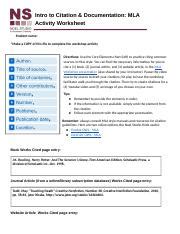 MLA Activity Handout Docx Intro To Citation Documentation MLA Activity Worksheet Babe