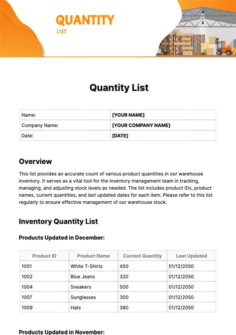 Free Quantity List Template To Edit Online