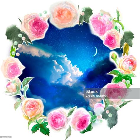 장미 꽃 화환 손으로 그린 수채화 메시지 카드와 구름과 초승달의 아름다운 푸른 바다의 배경 그림 그림 구름에 대한 스톡 벡터 아트 및 기타 이미지 Istock
