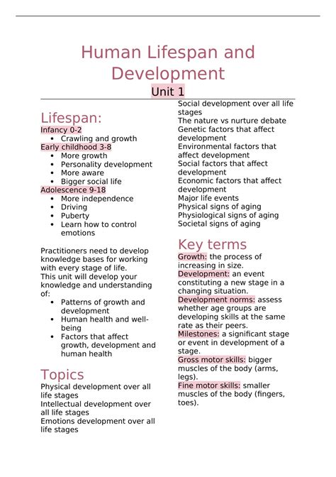 Lecture Notes Unit 1 Human Lifespan And Development Unit 1 Human Lifespan Development