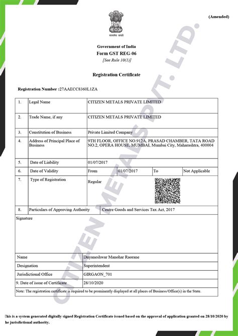 Certificate Citizen Pipes Pvt Ltd