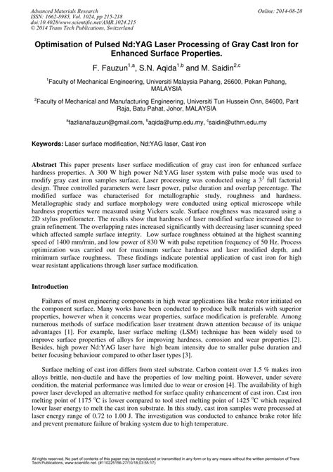 Pdf Optimisation Of Pulsed Nd Yag Laser Processing Of Gray Cast Iron For Enhanced Surface