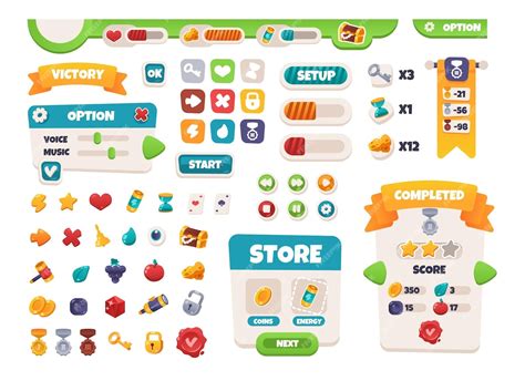 게임 Ui 단추 모바일 응용 프로그램 인터페이스 요소 만화 화려한 디자인 진행률 표시줄 패널 및 표시기 비디오 게임 메뉴 키트