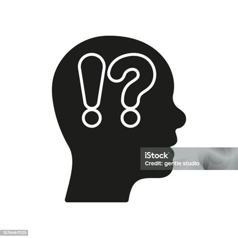 느낌표와 물음표 실루엣 아이콘이 있는 인간의 머리 의심의 표시 남자는 글리프 픽토그램을 혼동했다 프로필 보기의 호기심 많은 사람