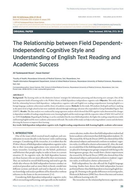 Pdf The Relationship Between Field Dependent Independent Cognitive Style And Understanding Of