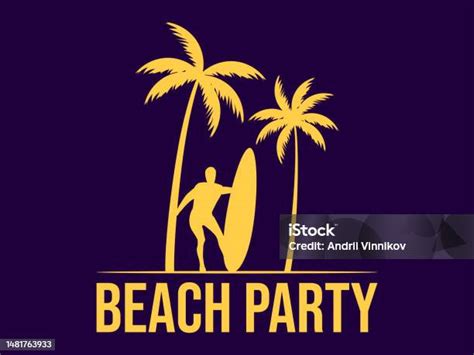 서퍼 서핑보드 야자수가 있는 해변 파티 포스터 서퍼와 야자수의 실루엣 여름 시간 배너 소책자 및 홍보 자료의 디자인 벡터 그림 서핑보드에 대한 스톡 벡터 아트 및 기타