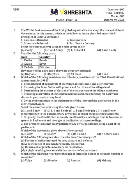 Upsc Mock Test 3 08 04 2025 Pdf Government Governance