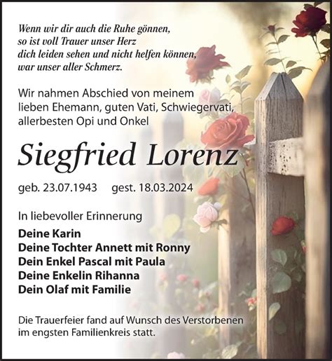 Traueranzeigen Von Siegfried Lorenz Trauer Anzeigende