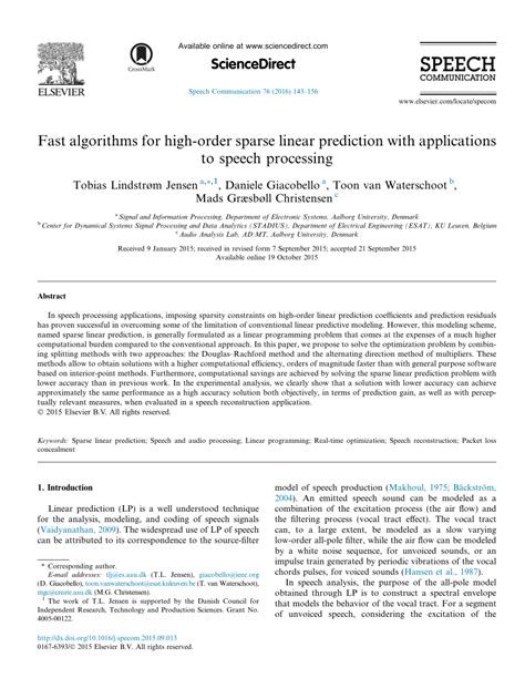 Pdf Fast Algorithms For High Order Sparse Linear Prediction With Applications To Speech Processing