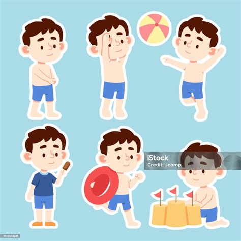 해변 만화 벡터에 다양한 활동을하는 사랑스러운 소년 세트 공 스포츠 장비에 대한 스톡 벡터 아트 및 기타 이미지 공 스포츠