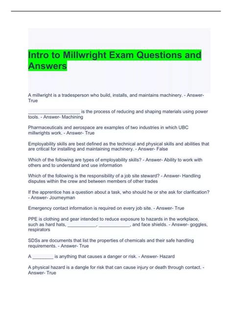 Intro To Millwright Exam Questions And Answers Millwright Stuvia Us