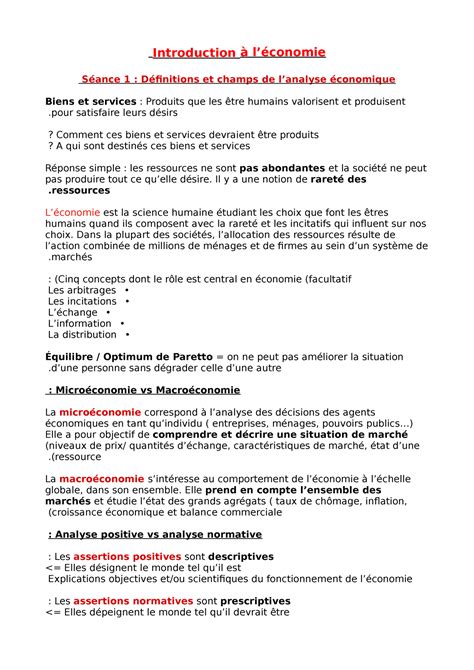 Séance 1 Définitions Et Champs De Lanalyse économique Introduction à Léconomie Séance 1