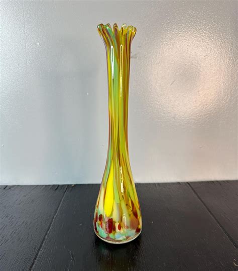 Vintage Mid Century Rainbow Blown Glass Swirl Dotted Dot Vase Planter Art Display Retro Decor