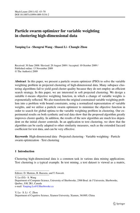 Pdf Particle Swarm Optimizer For Variable Weighting In Clustering