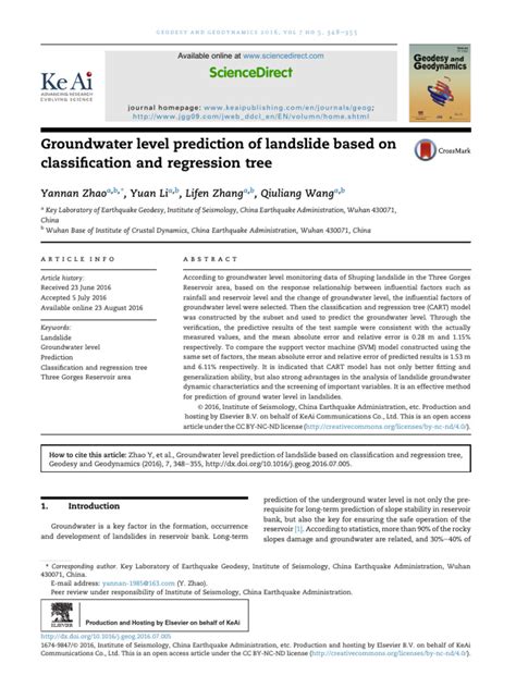 Groundwater Level Prediction Of Landslide Based On Classification And Regression Tree Pdf