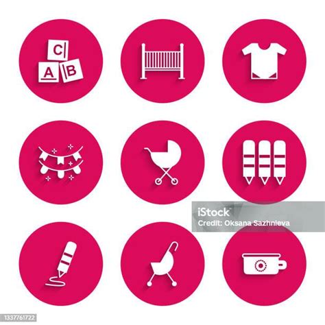 그리기위한 유모차 변기 왁스 크레용 깃발 Onesie 및 Abc 블록 아이콘이있는 카니발 화환을 설정합니다 벡터 갈란드 장식품에 대한 스톡 벡터 아트 및 기타 이미지