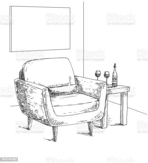 안락의 자 커피 테이블 유리 및 병 프레임 피팅 귀하의 정보에 대 한 벽에 손으로 그린 스케치 스타일의 벡터 일러스트 레이 션 3차원 형태에 대한 스톡 벡터 아트 및 기타