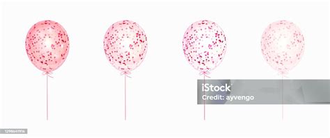 분홍색 헬륨 풍선 과 반짝이 내부 고립 된 흰색 다른 투명도 및 채도의 풍선 세트 휴일 생일 기념일 축하 장식 반짝이에 대한