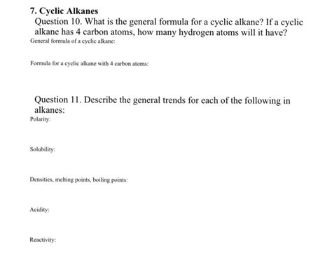 Solved 7 Cyclic Alkanes Question 10 What Is The General