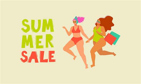 여름 수영복을 입은 두 소녀 바디 포지티브가 판매에 나선다 여름 세일 포스터 표지 전단지 배너를 위한 완벽한 배경 개념에 대한 스톡 벡터 아트 및 기타 이미지 Istock