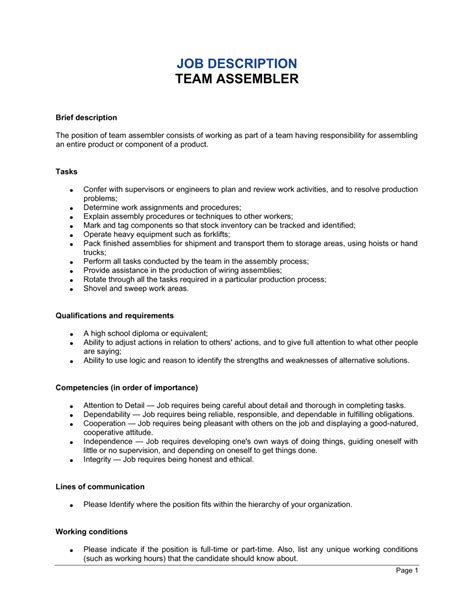 Team Assembler Job Description Template Free Download Word And Pdf